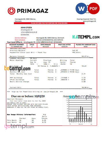 Denmark Primagaz Denmark gas utility bill template in Word and PDF format