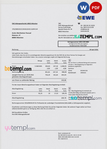Germany EWE utility bill template, fully editable in Word and PDF format