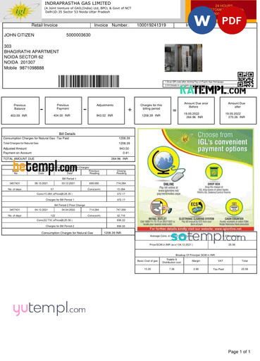 India INDRAPRASTHA GAS LIMITED utility bill template in Word and PDF format