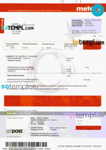 Ireland Meteor utility bill template fully editable in PSD format