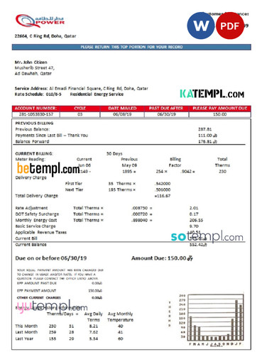 Qatar Power Company electricity utility bill template in Word and PDF ...