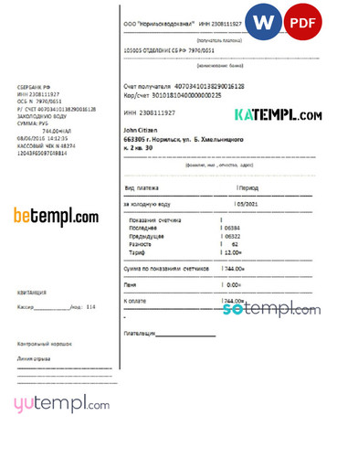 Russia water utility bill template in Word and PDF format, fully editable