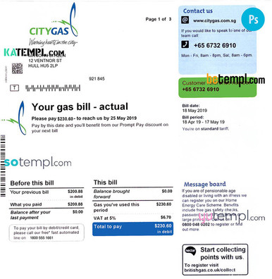 Singapore City Gas utility bill template, fully editable in PSD format