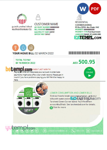 UAE Abu Dhabi Distribution Co. utility bill template in Word and PDF format