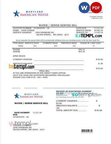 USA Maryland American water utility bill template in Word and PDF format