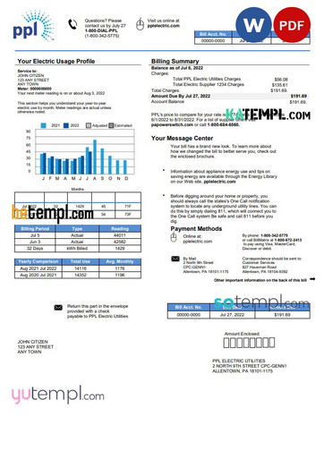 USA Philadelphia PPL utility bill template in Word and PDF format