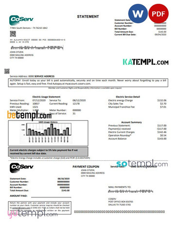USA Texas CoServ utility bill template in Word and PDF format