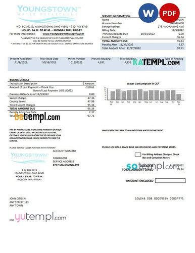 USA Youngstown Water Department utility bill template in Word and PDF ...