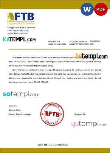Cambodia Foreign Trade Bank of Cambodia bank account reference letter ...