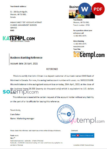 Canada BMO Bank of Montreal Bank account reference letter template in ...