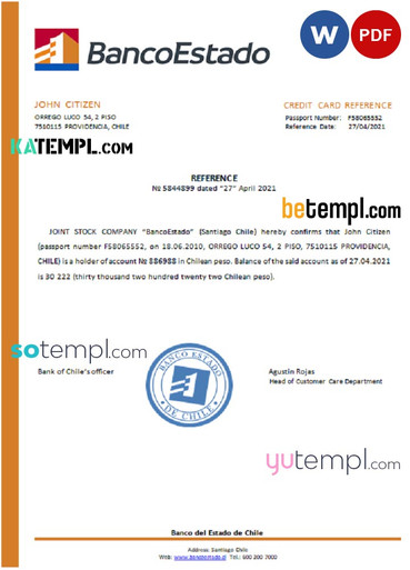 Chile Banco del Estado de Chile bank account reference letter template ...