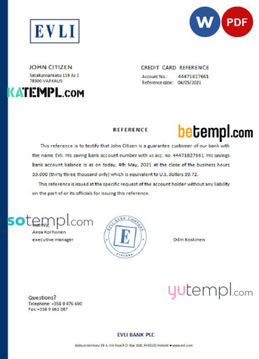 Finland Evli bank reference letter template in Word and PDF format