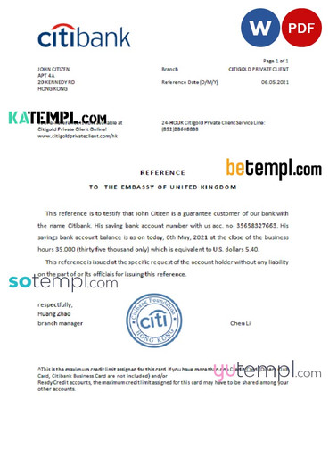 Hong Kong Citibank reference letter template in Word and PDF format