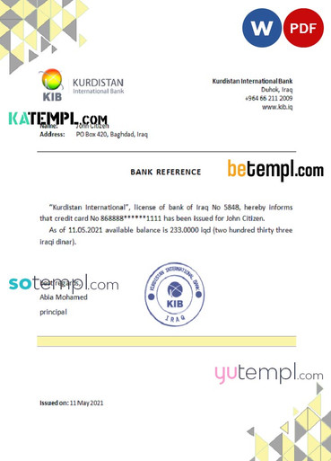 Iraq Kurdistan International bank reference letter template in Word and ...