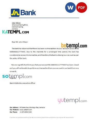 Jamaica National bank account closure reference letter template in Word ...