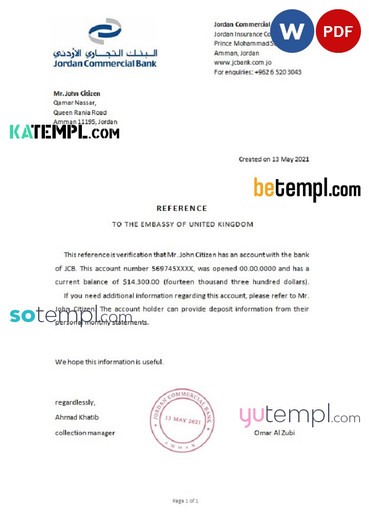 Jordan Commercial bank account reference letter template in Word and ...