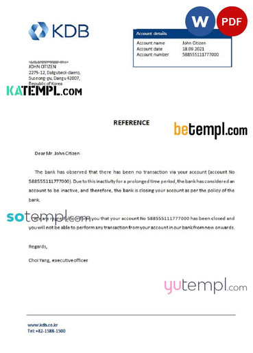 Korea KDB bank account closure reference letter template in Word and ...
