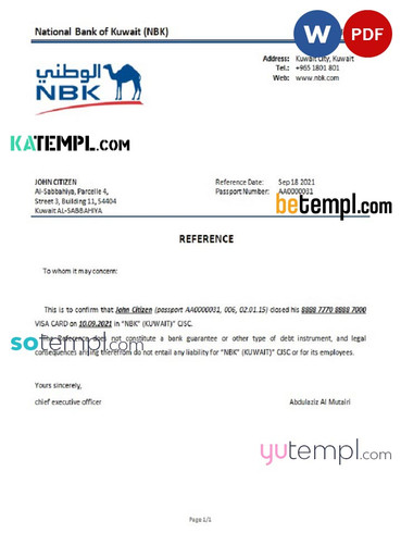 Kuwait National Bank of Kuwait bank account closure reference letter ...