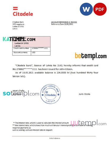 Latvia Citadele bank reference letter template in Word and PDF format