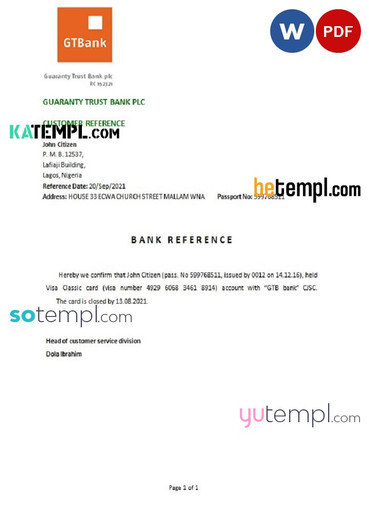 Nigeria GTBank bank account closure reference letter template in Word ...