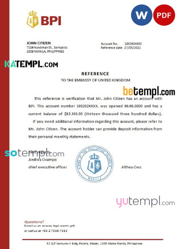 Philippines BPI bank reference letter template in Word and PDF format