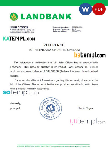 Philippines Landbank bank reference letter template in Word and PDF format
