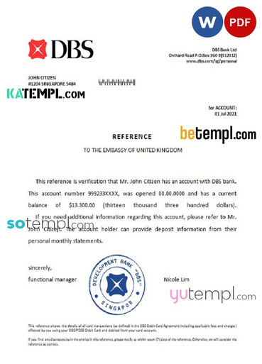 Singapore DBS bank reference letter template in Word and PDF format
