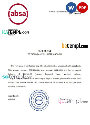 South Africa ABSA bank reference letter template in Word and PDF format