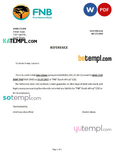South Africa FNB bank account closure reference letter template in Word ...