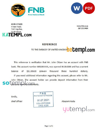 South Africa FNB bank reference letter template in Word and PDF format