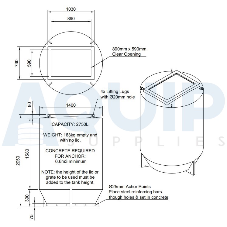 2,750L Poly Underground Tank/Pump Well with 900mm x 600mm Turret