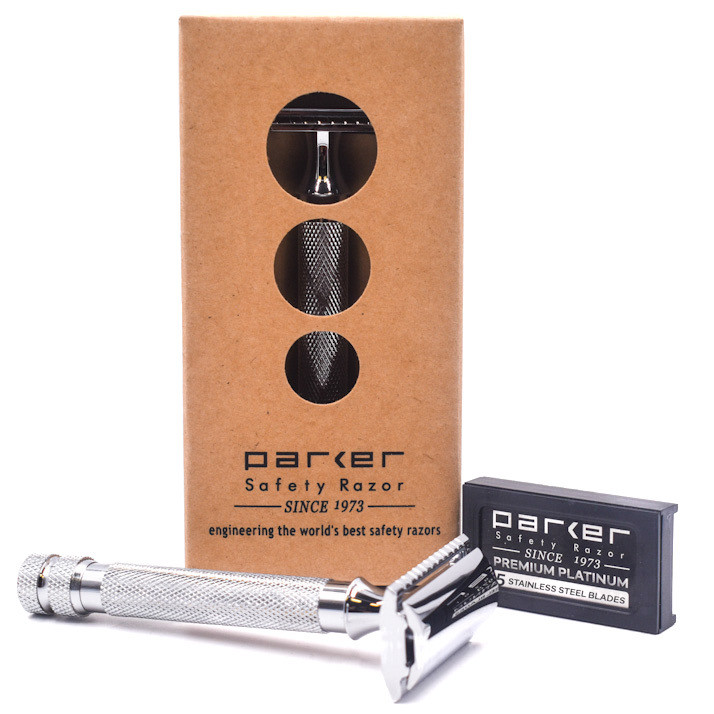 Parker 91R Super Heavyweight Double Edge Safety Razor & 5 Shark Chrome