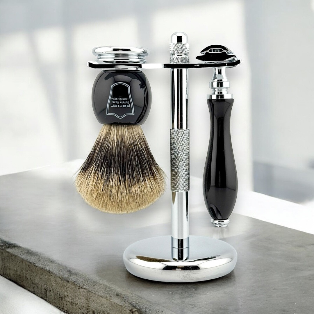 Black Resin Razor 3-Piece Shave Set | Pure Badger Brush, Stand