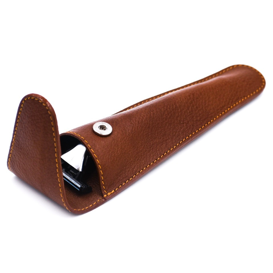 Parker Saddle Brown Leather Travel Razor Case for Long Handle Cartridge ...