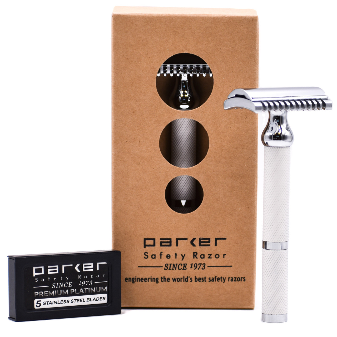 Parker 70C White and Chrome Open Comb Safety Razor and 5 blades