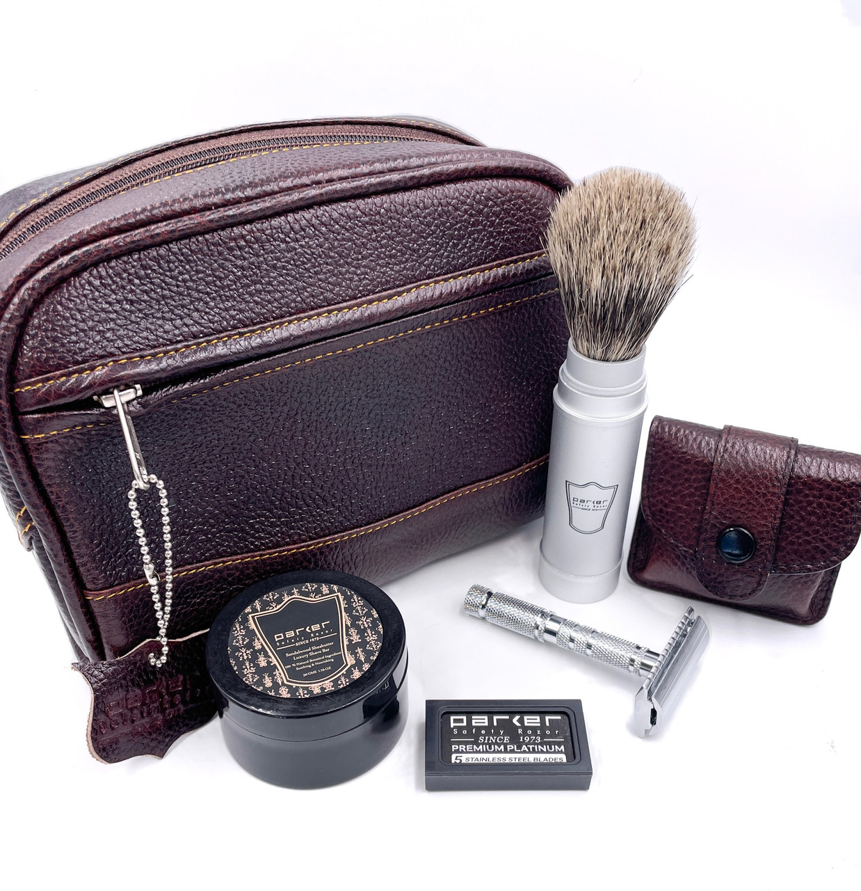 Parker Travel Shave Kit |Parker Brush, Soap, Safety Razor, Dopp Bag