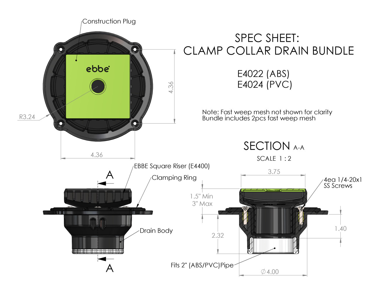 Ebbe America - PVC Clamp Collar Drain E4024