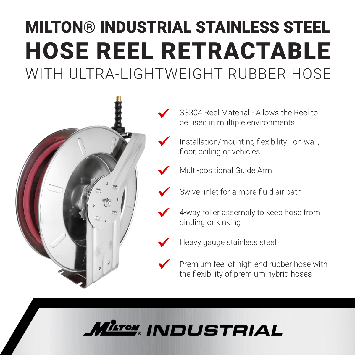 Milton® Industrial Stainless Steel Hose Reel Retractable, 3/8" ID x 50 ...