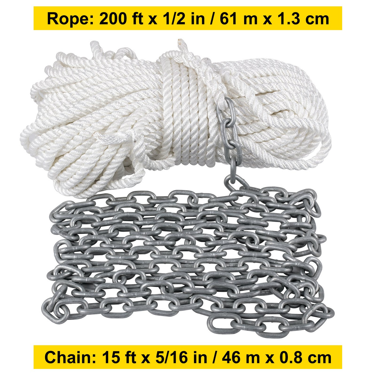 Boat Anchor Chain 15' x 5/16" Galvanized Chain 1/2" x 200' Nylon Rope