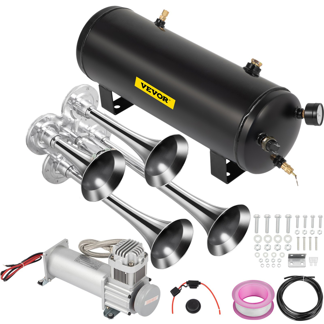 Train Horns Kit 4 Trumpets 150DB 10L 200PSI 12V For Car Truck Train Van