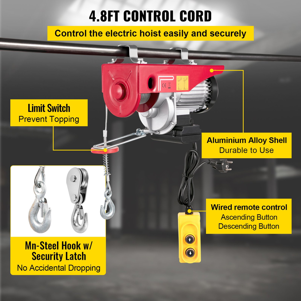 PA1000kg 2200LB Electric Wire Hoist Winch Hoist Crane Lift 40 ft Remote Control