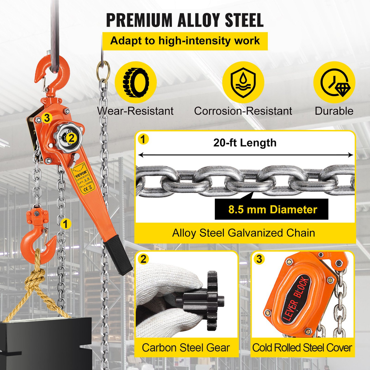 Lever Chain Hoist Come Along Ratchet Puller Hoist 3300 lbs Capacity 20 FT