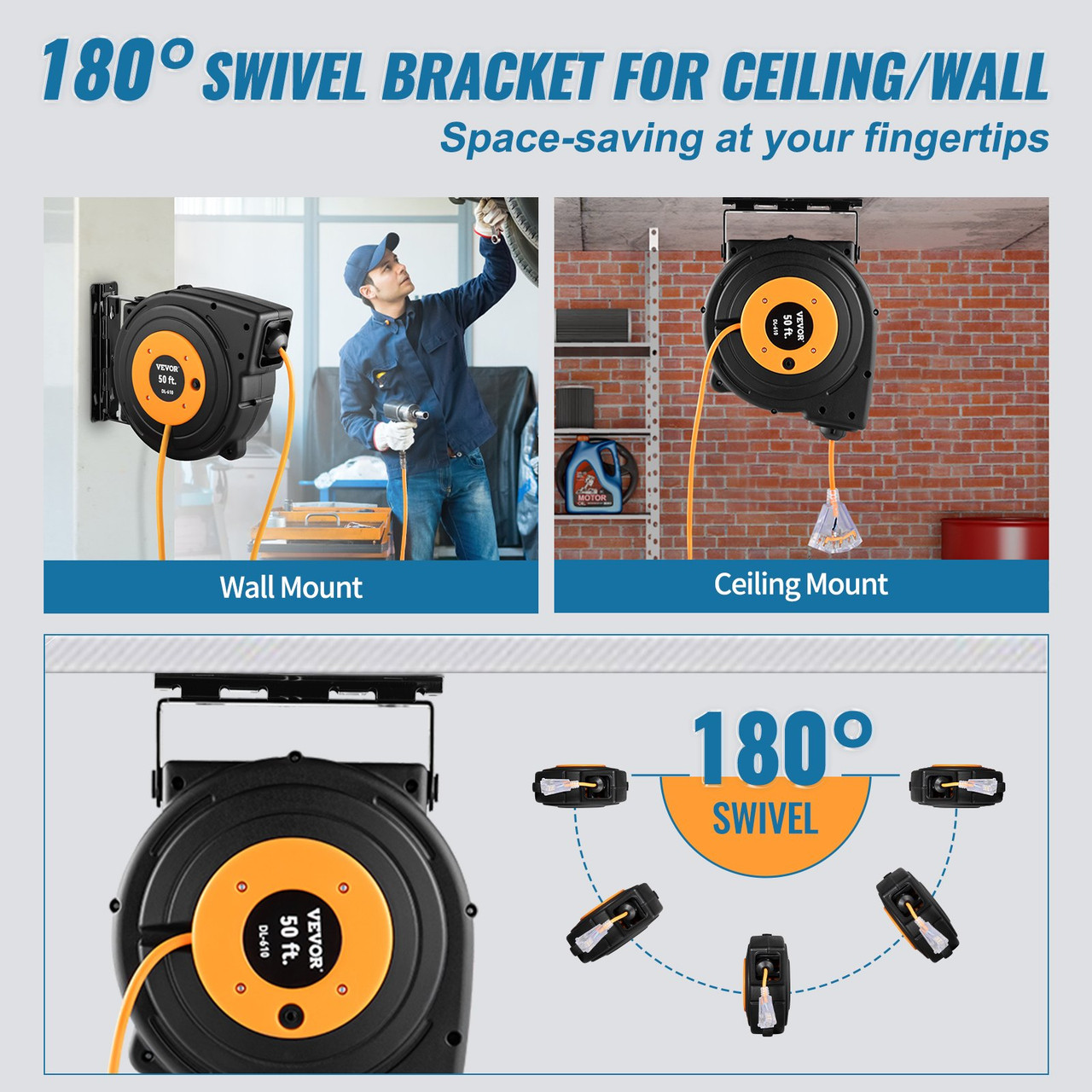 Retractable Extension Cord Reel Power Cord Reel 50FT 14AWG/3C SJTOW UL