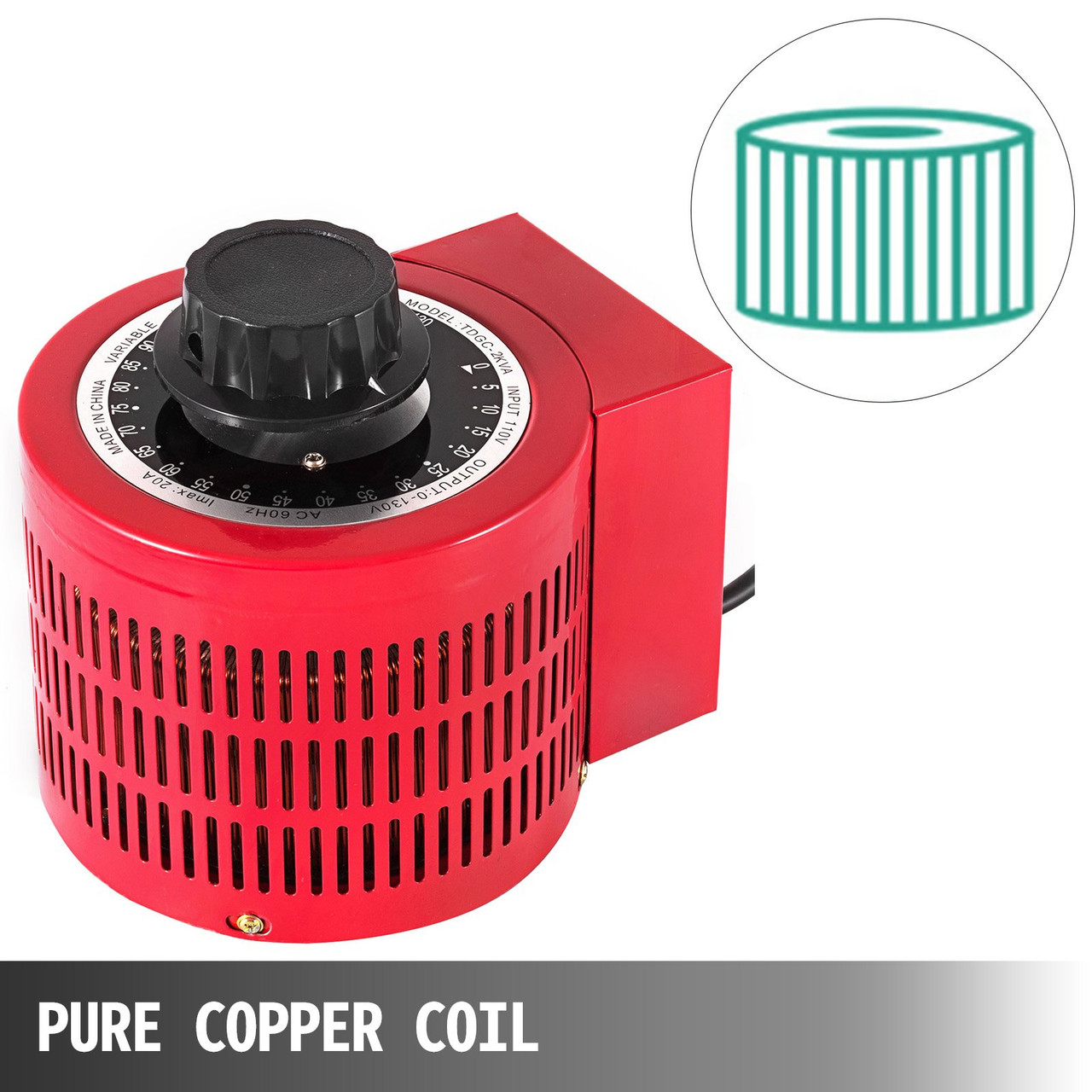 2KVA 20A Variac Variable Transformer 0-130V Output Variable AC Voltage Regulator