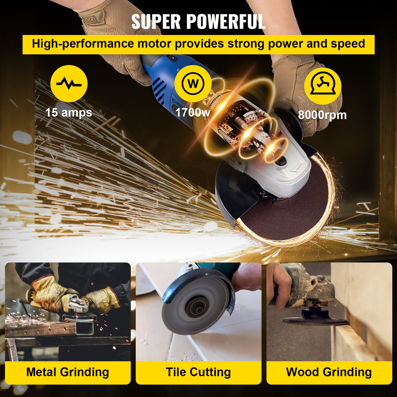 Angle Grinder, 7 Inch Powerful Grinder Tool 15 Amp Power Grinder with ...