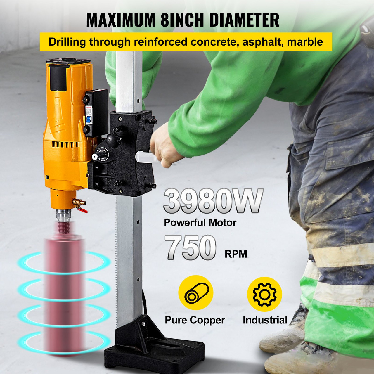 Diamond Core Drilling Machine, 8'/205 mm Capacity 3980W Concrete Core ...