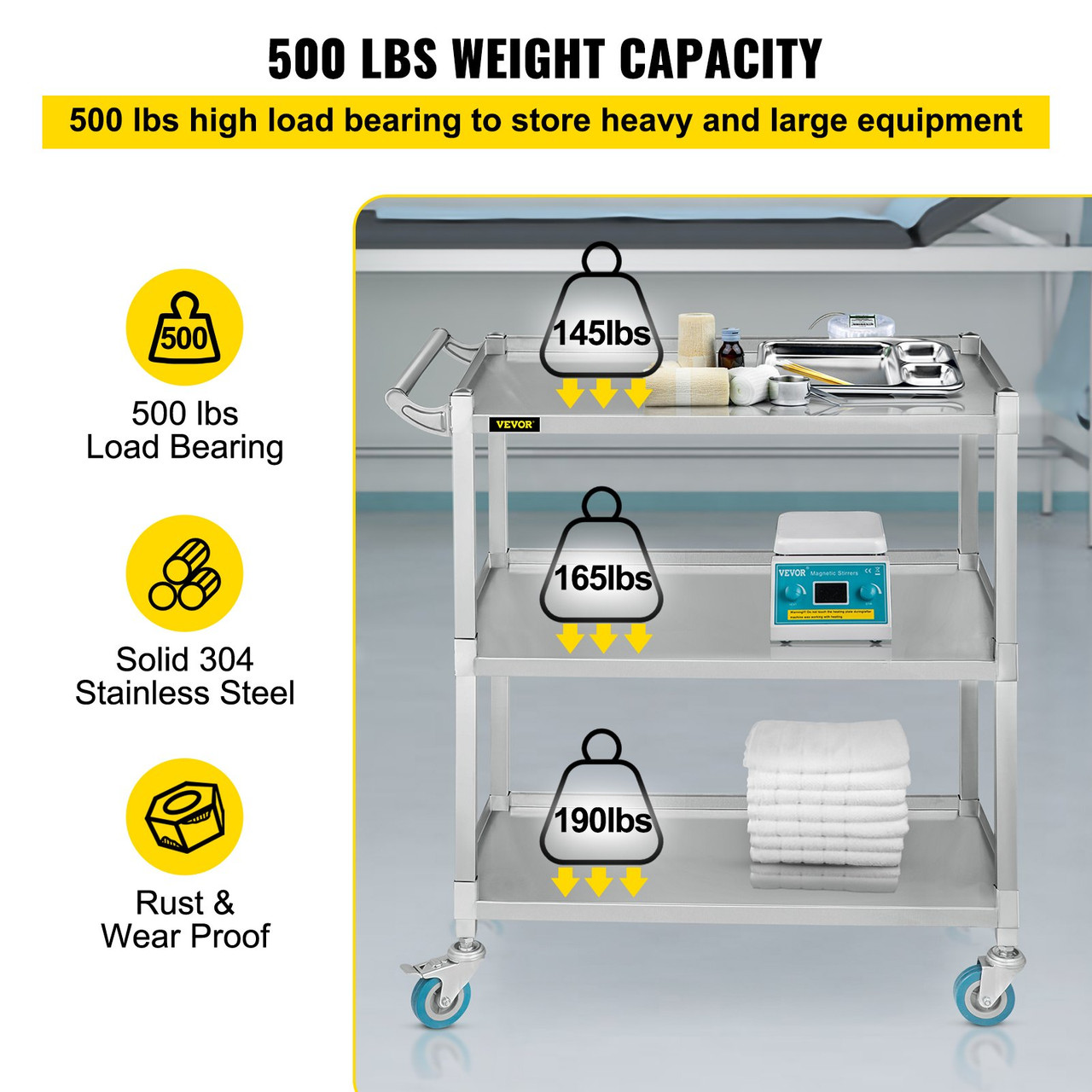 Lab Utility Cart, 500 lbs Weight Capacity Rolling Lab Cart, 3 Shelves ...