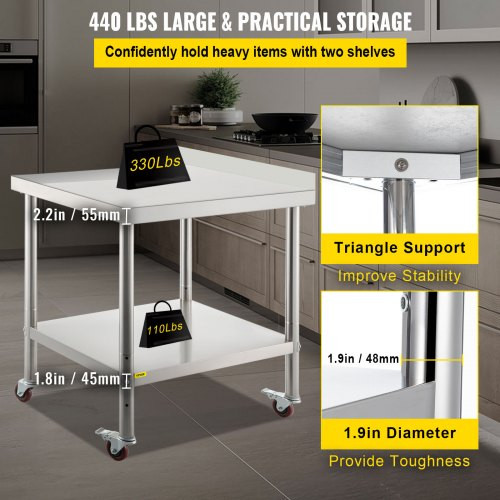 Stainless Steel Prep Table, 24 x 15 x 35 Inch, 440lbs Load Capacity ...