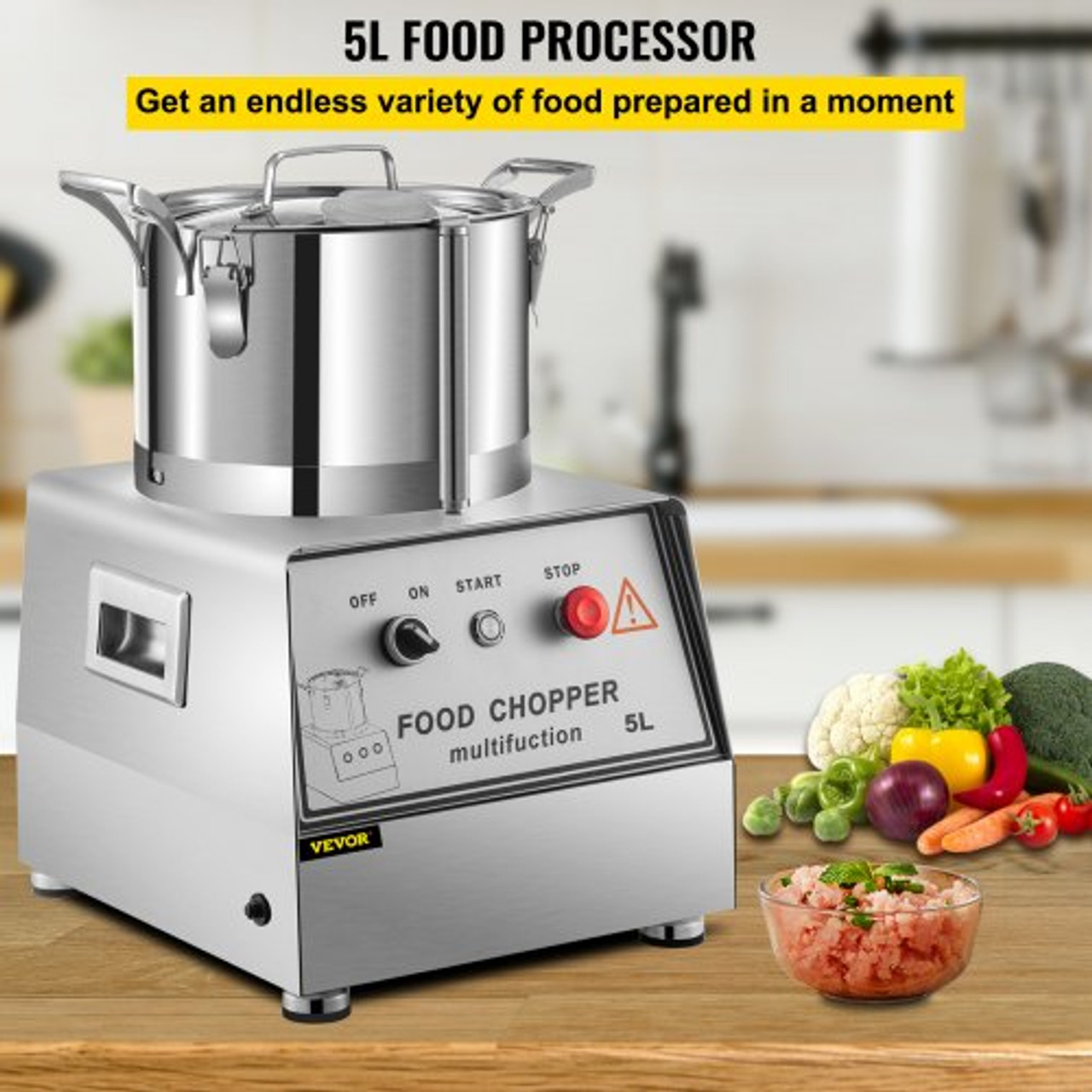 110V Commercial Food Processor 5L Capacity 550W Electric Food Cutter 1400RPM Stainless Steel ...