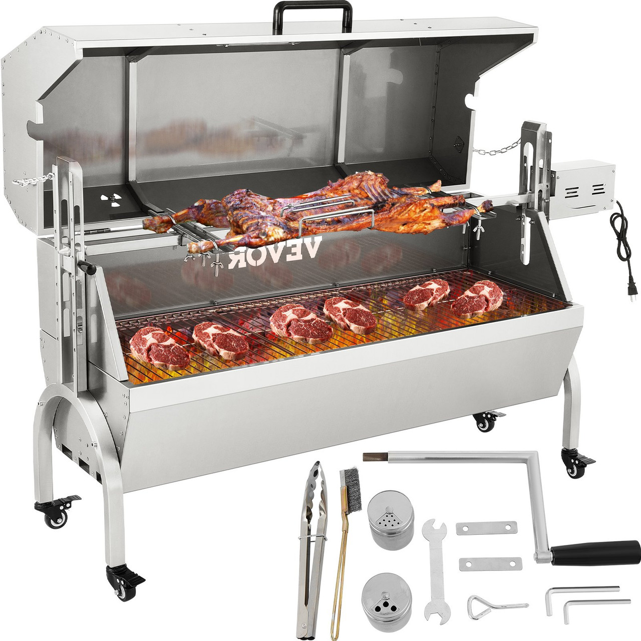 132 LBS Rotisserie Grill Stainless Steel Pig Lamb Hooded Roaster 50 ...